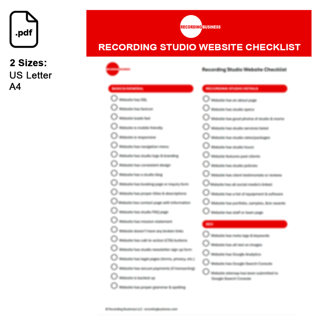 Recording Studio Website Checklist Printable PDF - Recording Business